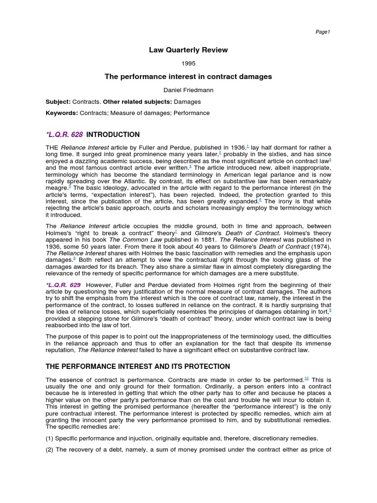 The Performance Interest in Contract Damages | PDF | Damages | Tort