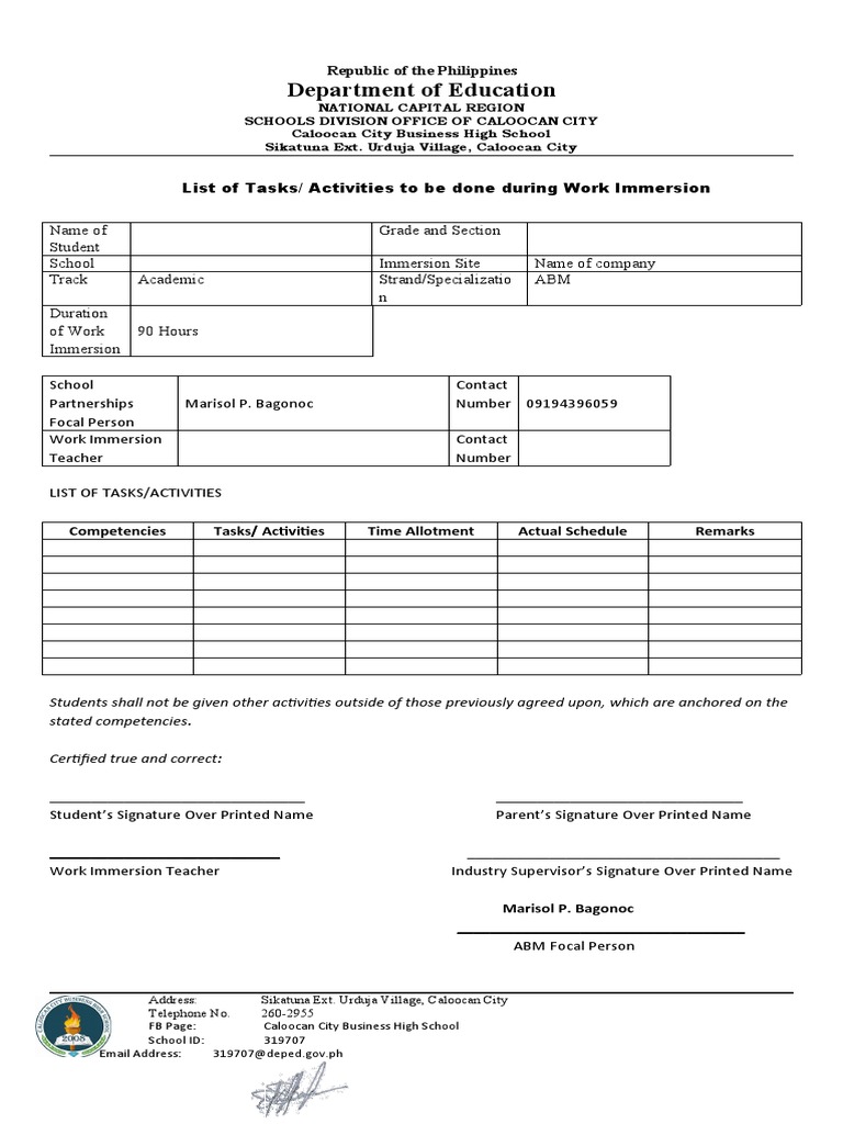 Work Immersion List of Task 1 | PDF