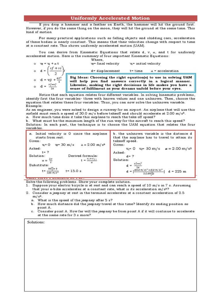 Gen. Physics Unit 1 Lesson 4 Uniformly Accelerated Motion | PDF ...
