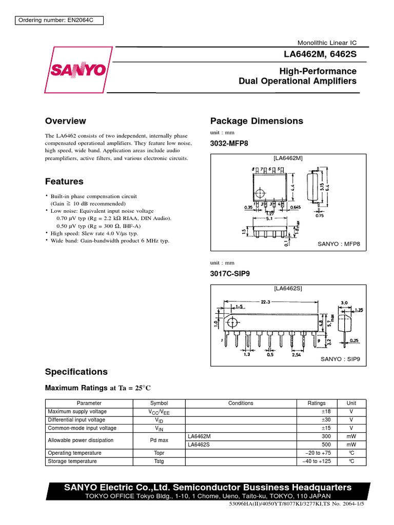 LA6462 SanyoSemiconDevice | PDF | Amplifier | Operational Amplifier