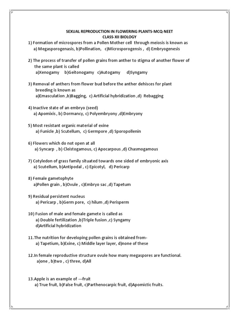 Sexual Reproduction in Flowering Plants-Mcq-Neet Class-Xii Biology ...