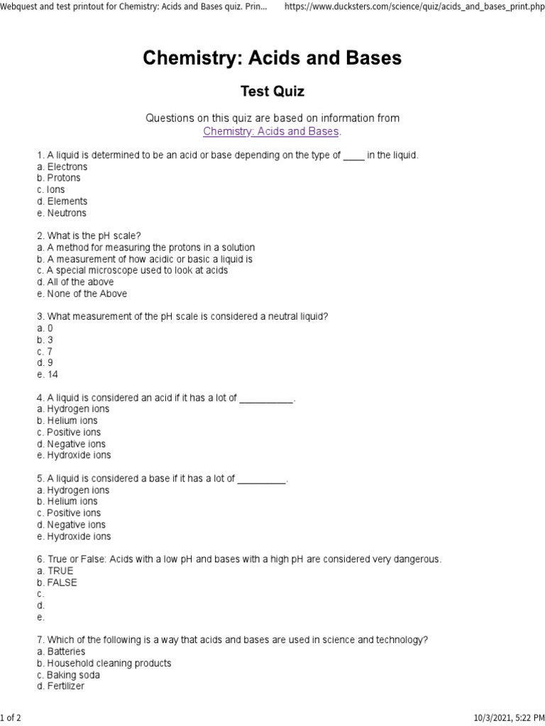 Questions On This Quiz Are Based On Information From .: Chemistry ...