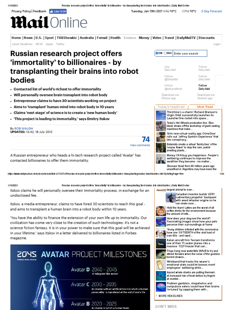 Russian Research Project Offers 'Immortality' To Billionaires - by ...