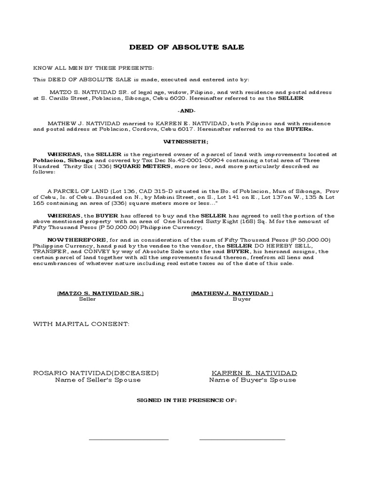 Deed of Absolute Sale | PDF | Natural Resources Law | Law And Economics