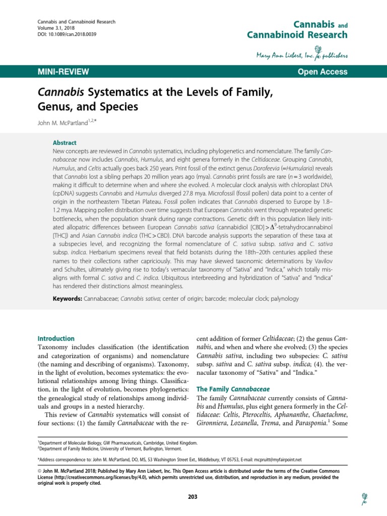 Cannabis Systematics at The Levels of Family Genus and Species | PDF ...