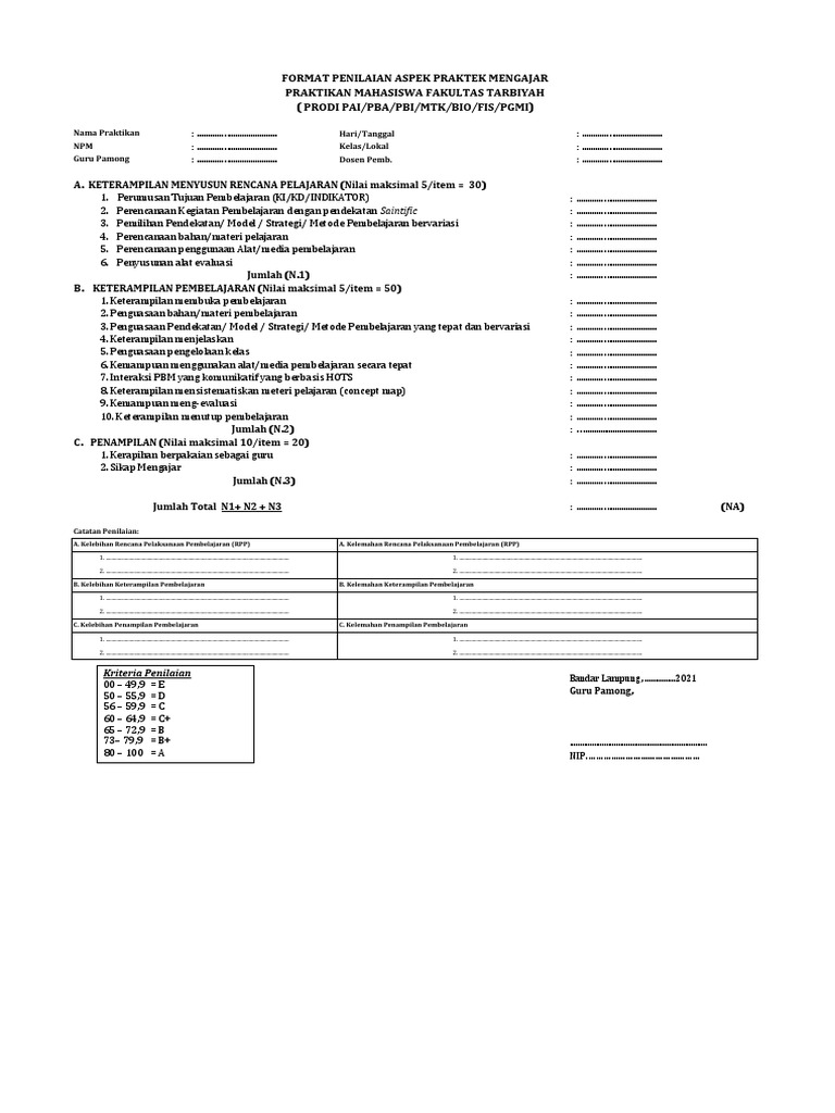 Form Penilaian PPL PAI, PBA, MTK, B.Ing, Fis, PGMI, Bio | PDF