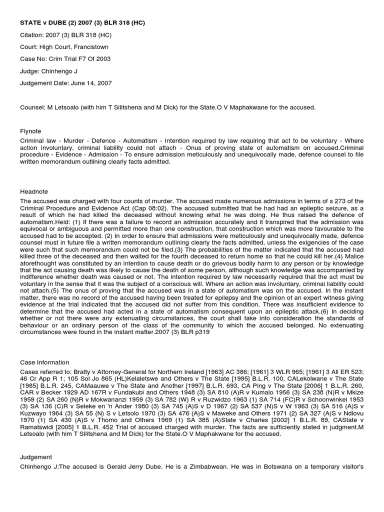 STATE V DUBE (2) 2007 (3) BLR 318 (HC) | PDF | Criminal Procedure In South Africa | Evidence (Law)