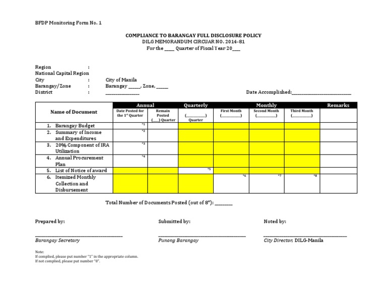 Barangay Full Disclosure Policy BFDP Form | PDF | Government | Economies