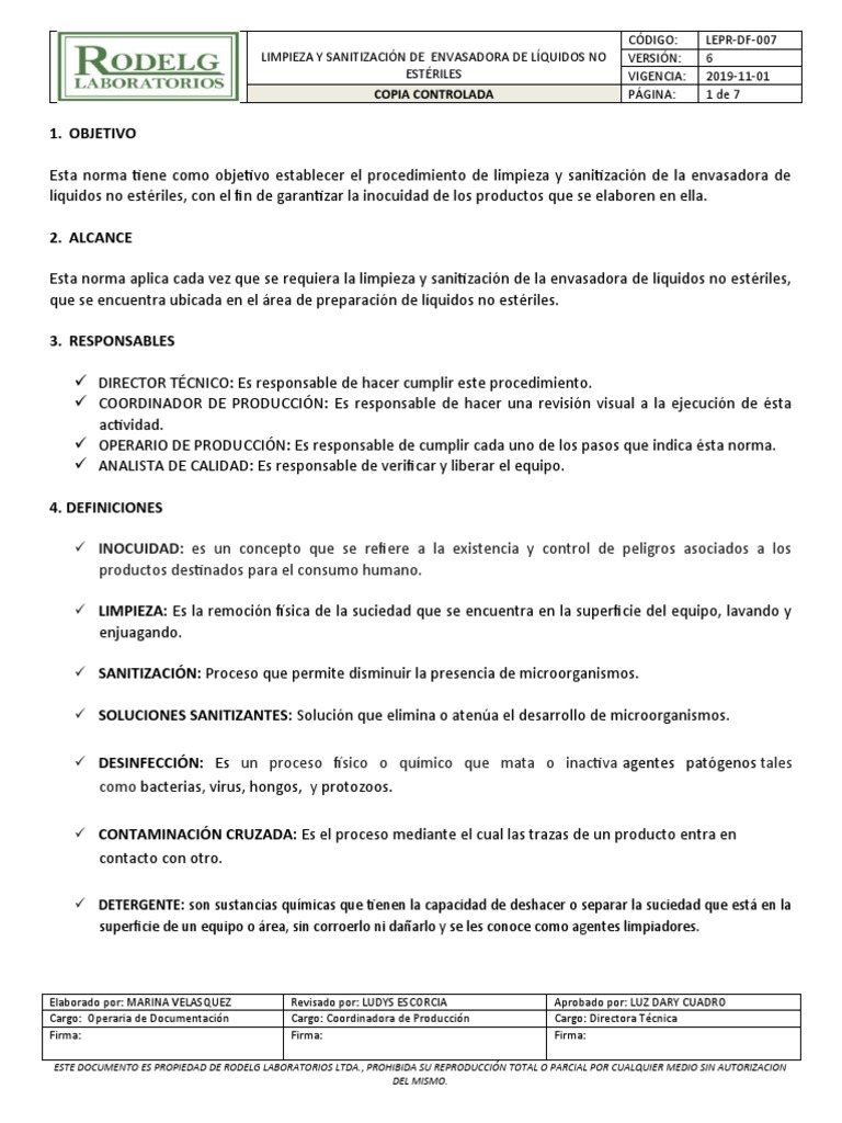 Lepr-Df-007 - Limpieza y Sanitización de La Envasadora de Liquidos No Estériles | PDF | Agua ...