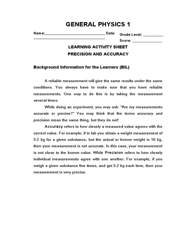 LAS 1 Accuracy Vs Precision Errors and Uncertainties Continuation | PDF ...