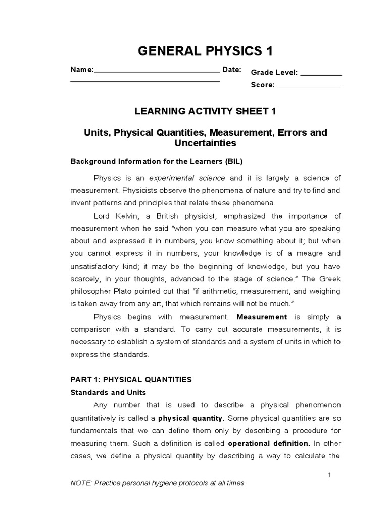 LAS 1 Units Physical Quantities Measurement Errors and Uncertainties ...