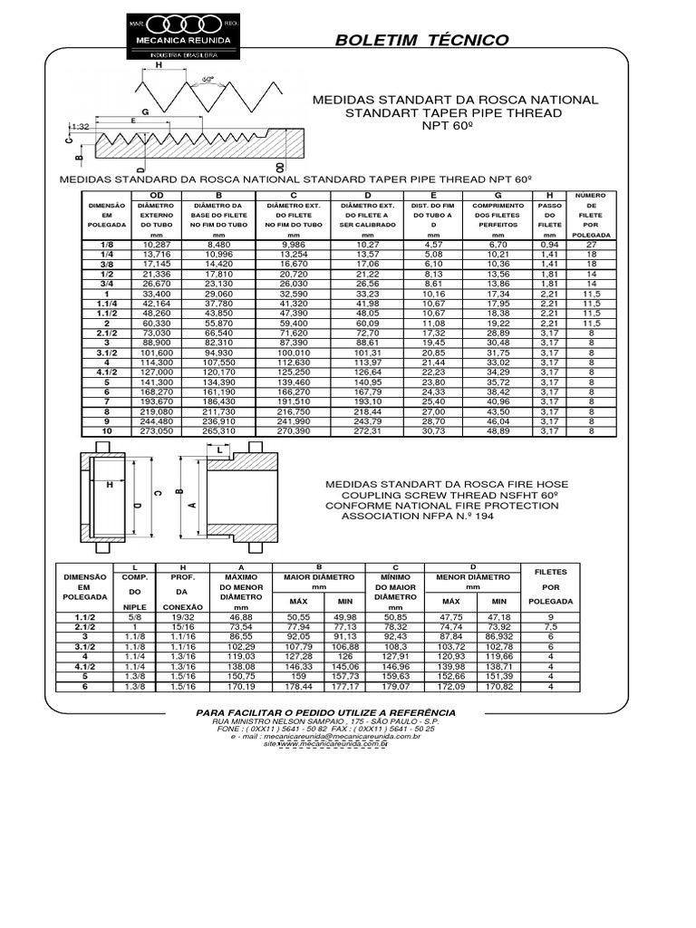 Boletim Técnico Tabela de Medidas Das Rosca Npte NSFHT | PDF | União ...