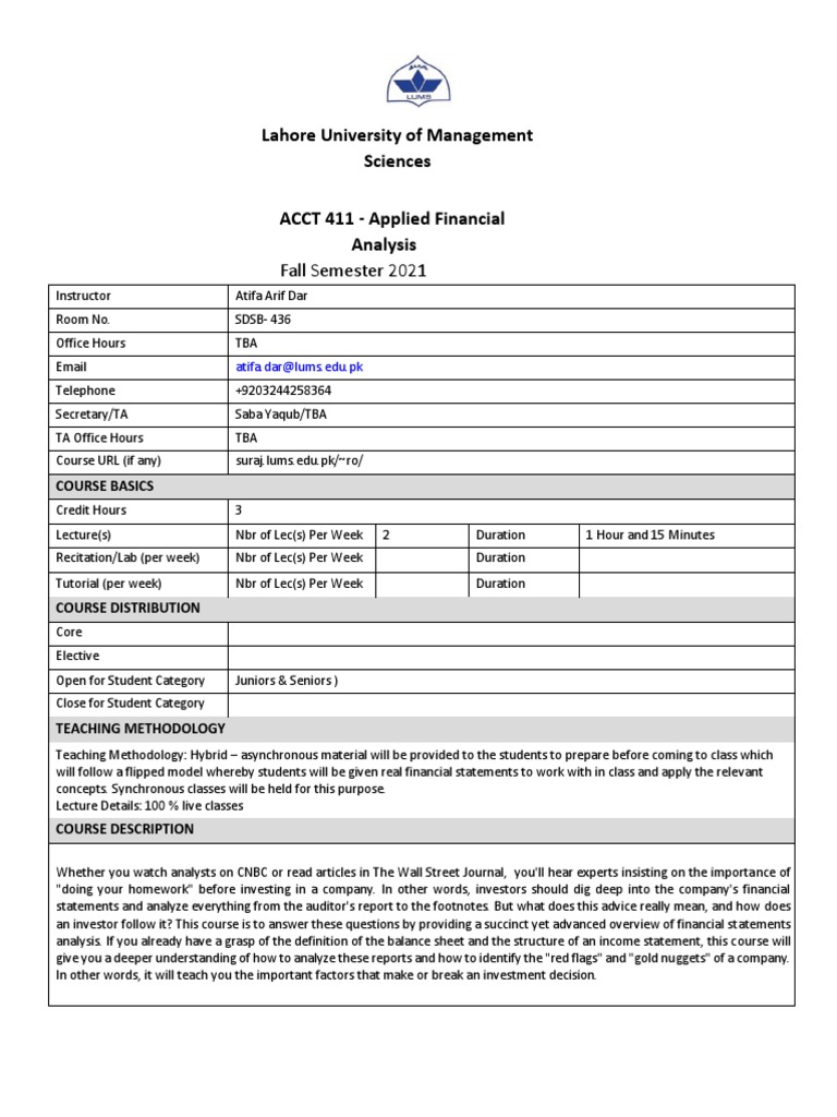 ACCT 411-Applied Financial Analysis-Atifa Arif Dar | PDF | Financial Statement | Learning