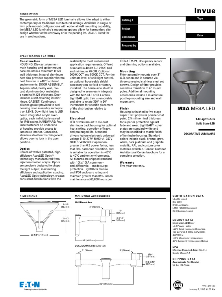 Invue MSA Mesa LED | PDF | Lighting | Sensor