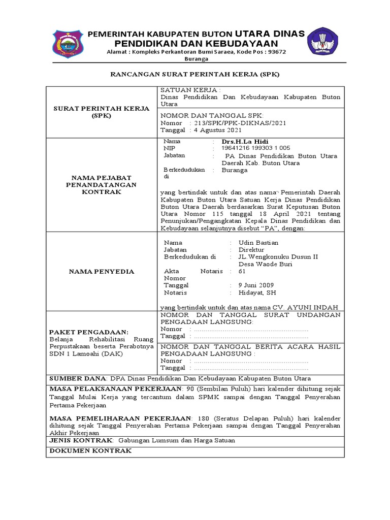 Rancangan Surat Perintah Kerja (SPK) | PDF