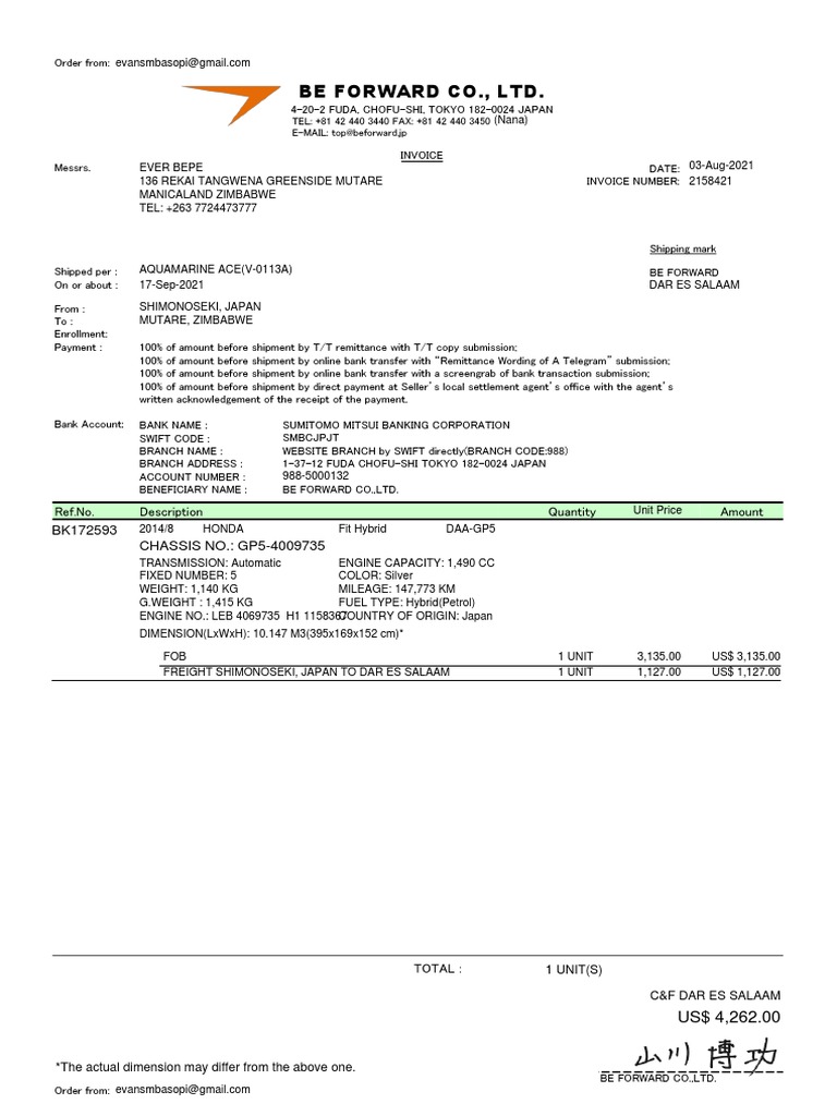 Be Forward Co., LTD.: BK172593 CHASSIS NO.: GP5-4009735 | PDF | Motor ...