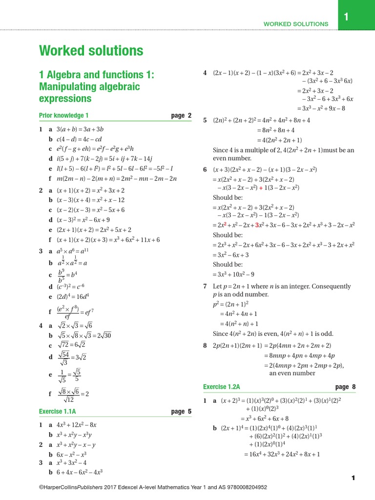 Collins Edexcel A-Level Maths Year 1 Worked Solutions 1 | PDF | Mathematical Concepts | Abstract ...