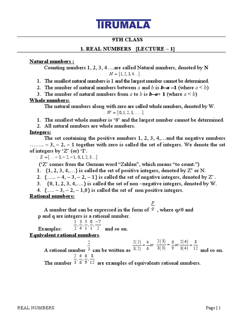 9TH Class Real Numbers PDF-1 | PDF | Teaching Methods & Materials