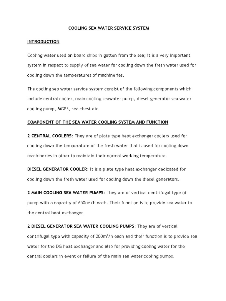 Cooling Sea Water Service System | PDF | Pump | Sea