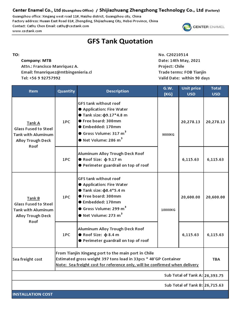 GFS Tank Quotation C20210514 | PDF