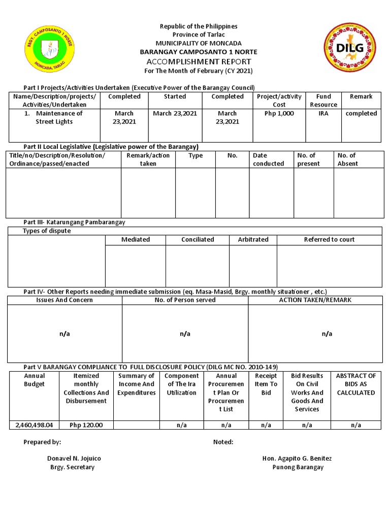 Accomplishment Report: Barangay Camposanto 1 Norte | PDF | Justice ...