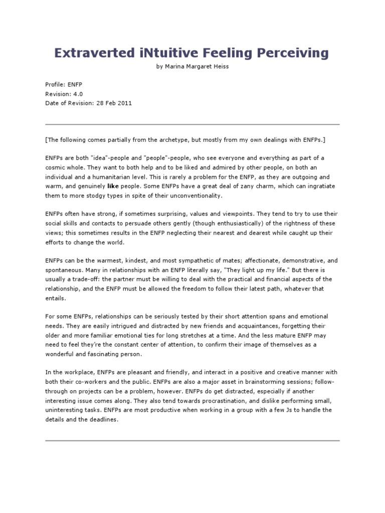 Extraverted Intuitive Feeling Perceiving | PDF | Extraversion And ...