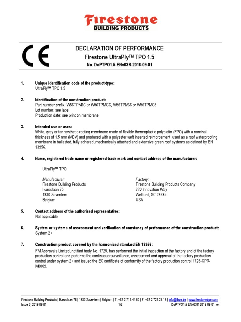 Firestone UltraPly TPO 1.5 Performance Declaration | PDF | Materials ...
