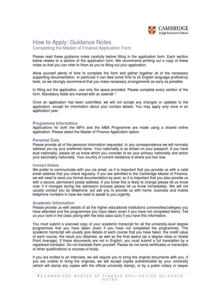 How To Apply: Guidance Notes: Completing The Master of Finance ...