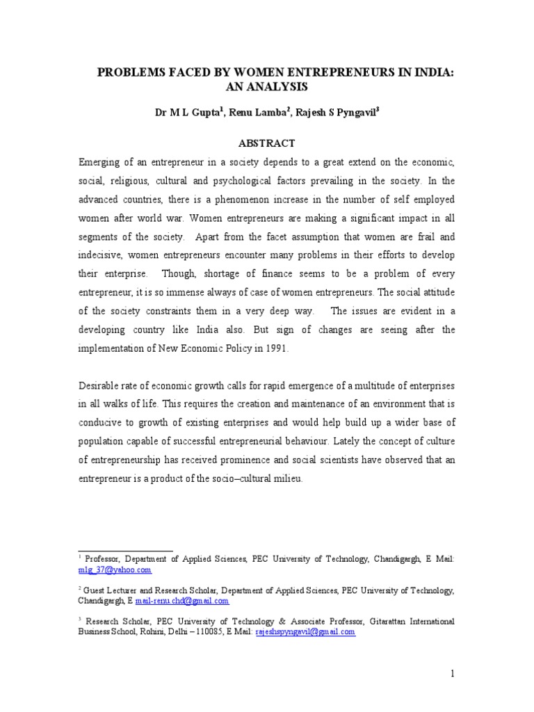 Problems Faced by Women Entrepreneurs in India: An Analysis: Drmlgupta ...