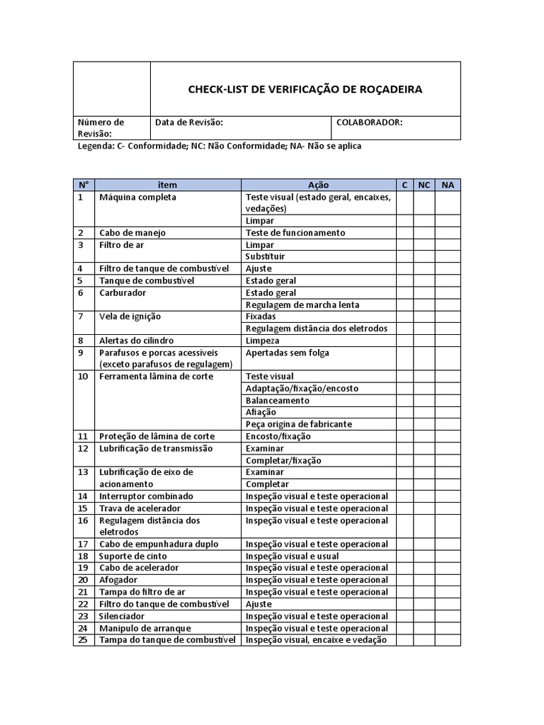 Checklist Roçadeira | PDF | Parafuso | Bens manufaturados