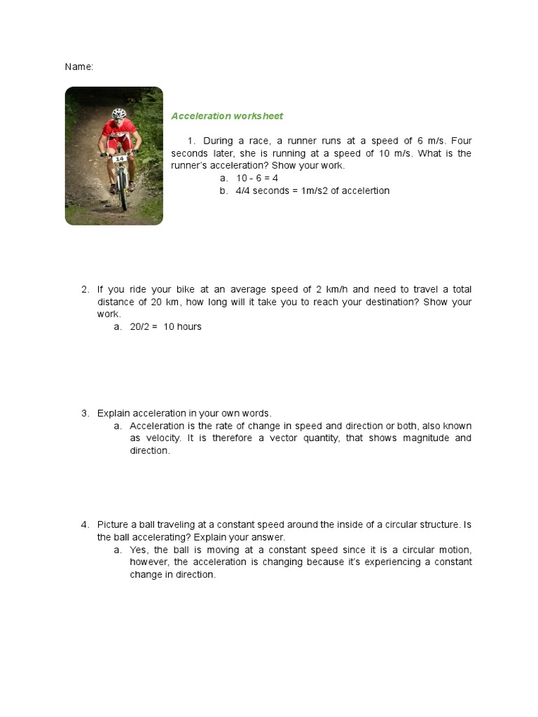Acceleration Worksheet | PDF | Acceleration | Speed