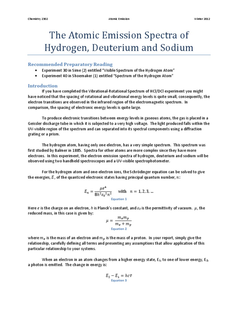 The Atomic Emission Spectra of Hydrogen, Deuterium and Sodium | PDF ...