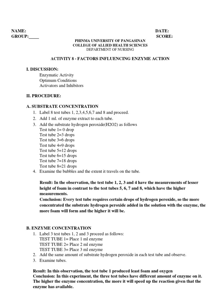 (Bio 024) Biochemistry Lab Activity 8 Factors Influencing Enzyme Action ...