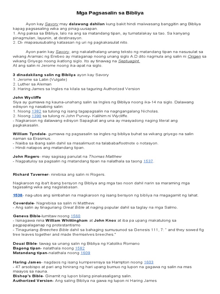 Mga Pagsasalin Sa Bibliya | PDF