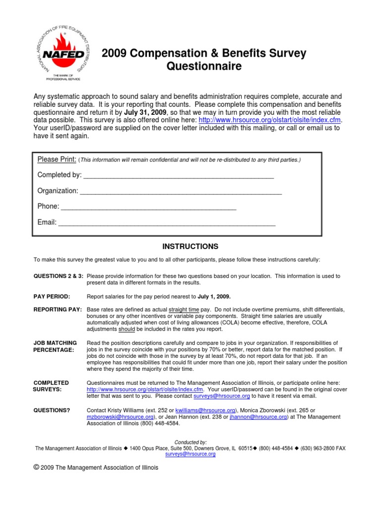 2009 Compensation & Benefits Survey Questionnaire | PDF | Employee ...