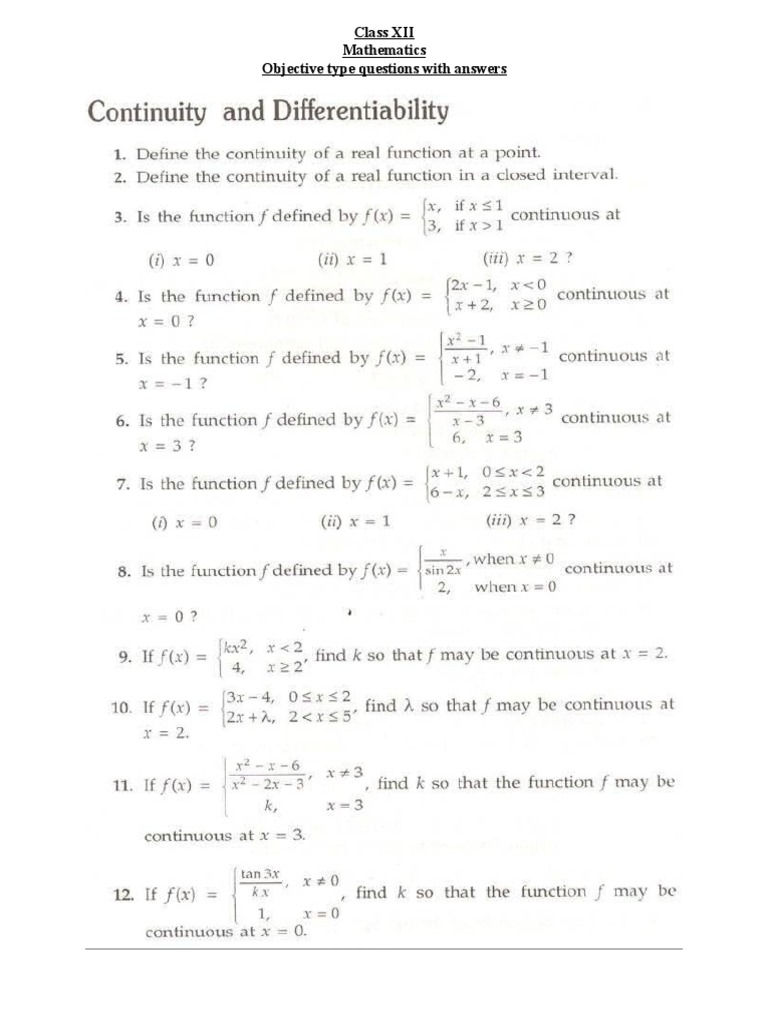 XII-Maths - Continuity and Differentiability (Objective Type Questions ...