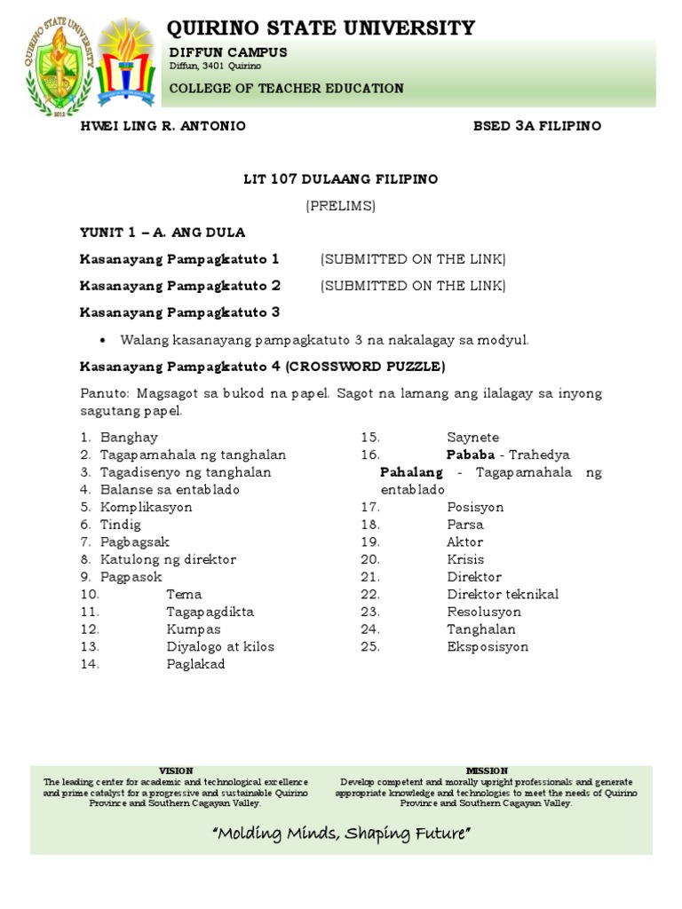 ANTONIO - HWEI LING - DULAANG FILIPINO (PRELIM) - Hwei Ling Antonio | PDF