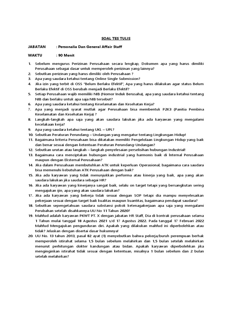 Contoh Soal Tes Tulis Personalia | PDF | Bisnis
