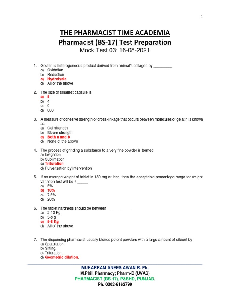 MOCK TEST 03 - KEY - Pharmacist - 16.08.21-1 | PDF | Tablet (Pharmacy ...
