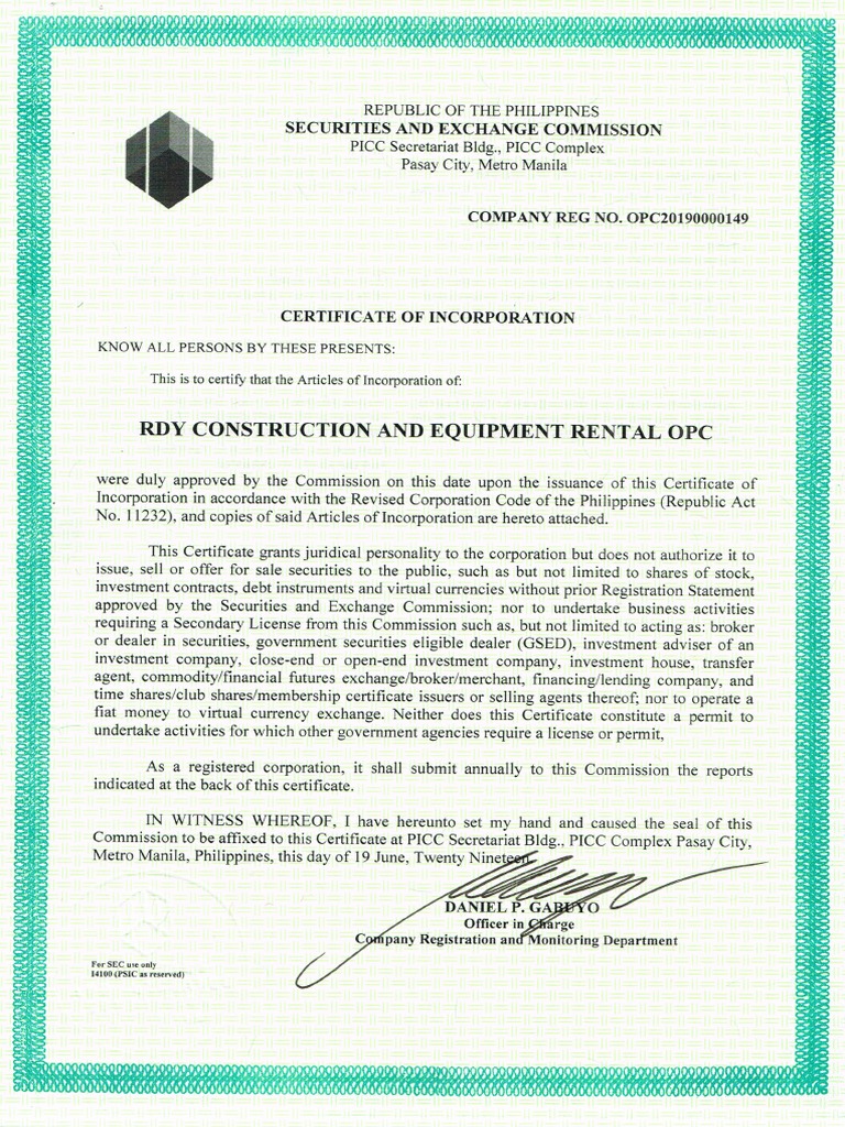 SEC Certificate & Articles of Incorporation 2019-06-19 | PDF