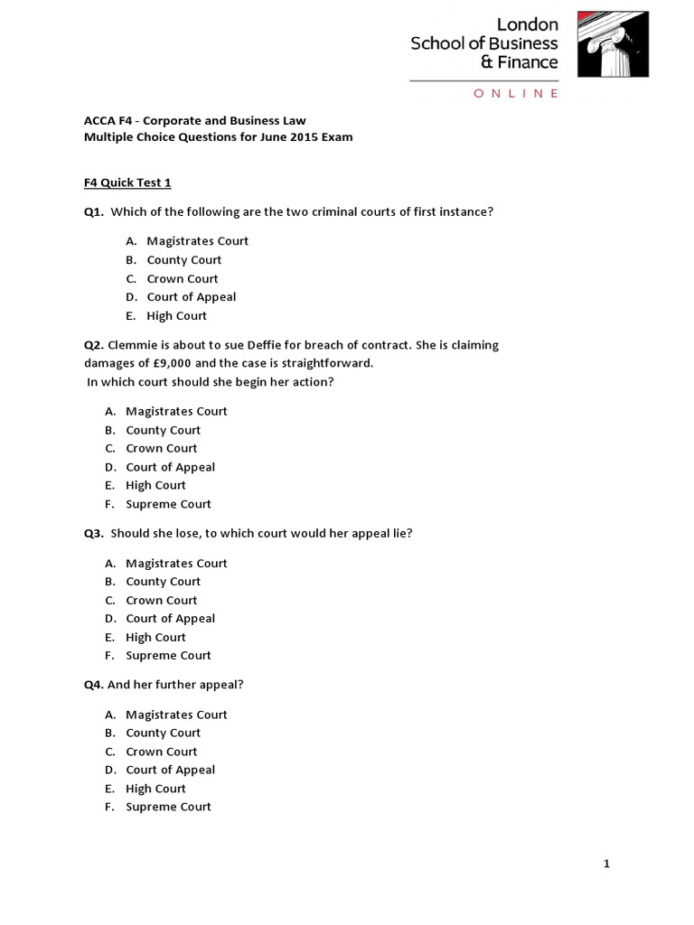 ACCA F4 Quick Tests June 2015 | PDF | Consideration | Negligence