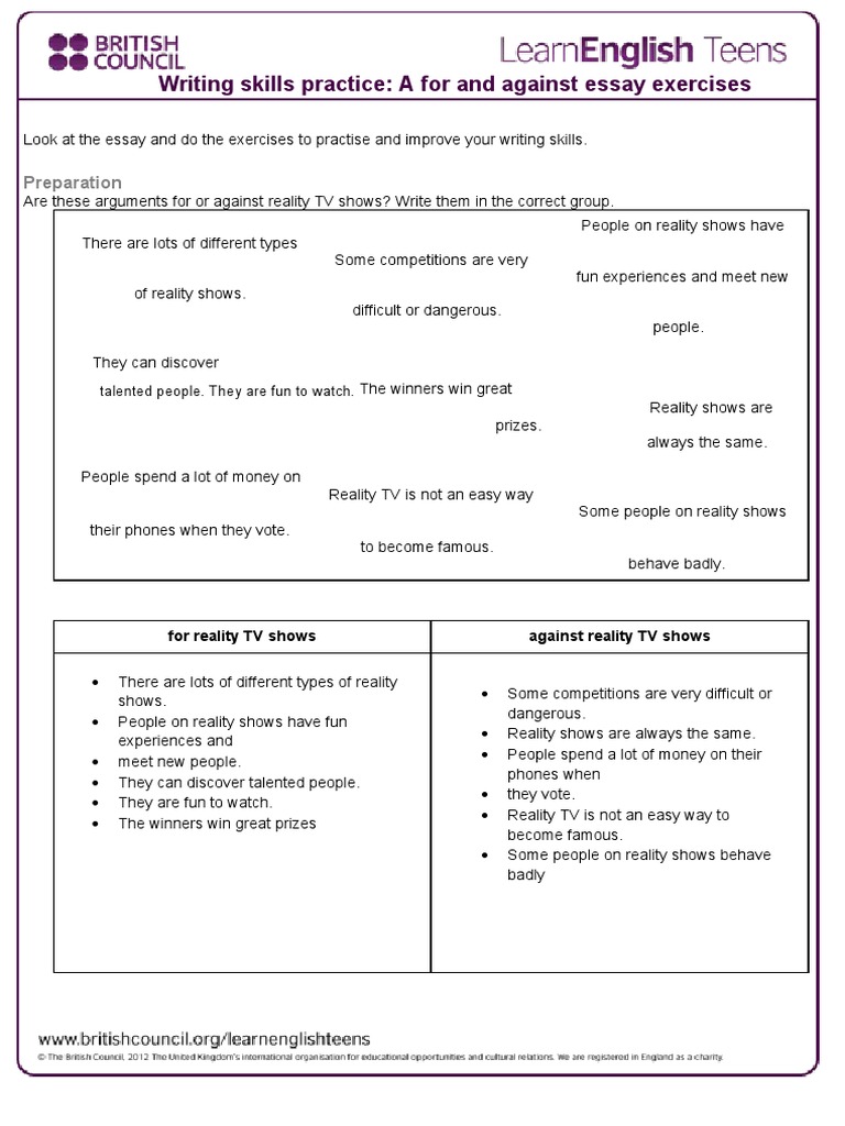 Writing Skills Practice: A For and Against Essay Exercises: Preparation ...