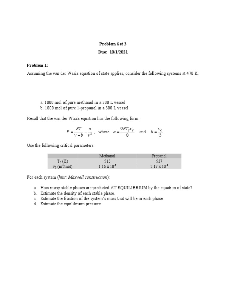 Problem Set 3 Due: 10/1/2021 Problem 1:: P RT V B A V A V B V | PDF | Solubility | Gases
