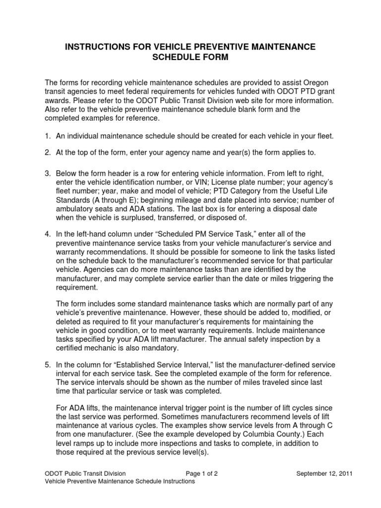 Instructions For Vehicle Preventive Maintenance Schedule Form | PDF ...