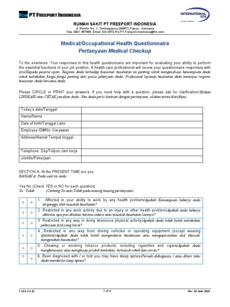 Medical Occupational Health Questionnaire RS PTFI | PDF