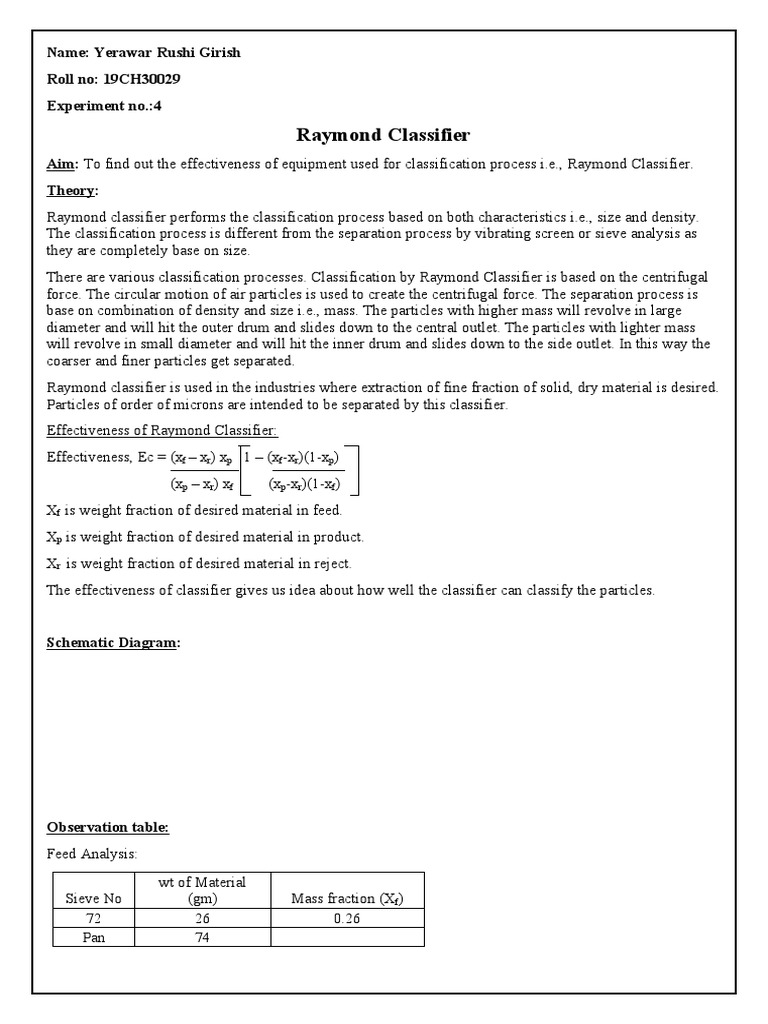Raymond Classifier: Name: Yerawar Rushi Girish Roll No: 19CH30029 ...