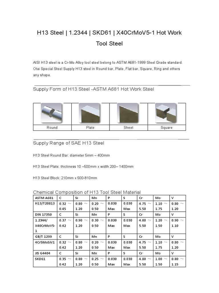 H13 Steel - 1.2344 - Skd61 - X40Crmov5-1 Hot Work Tool Steel | PDF | Heat Treating | Steel