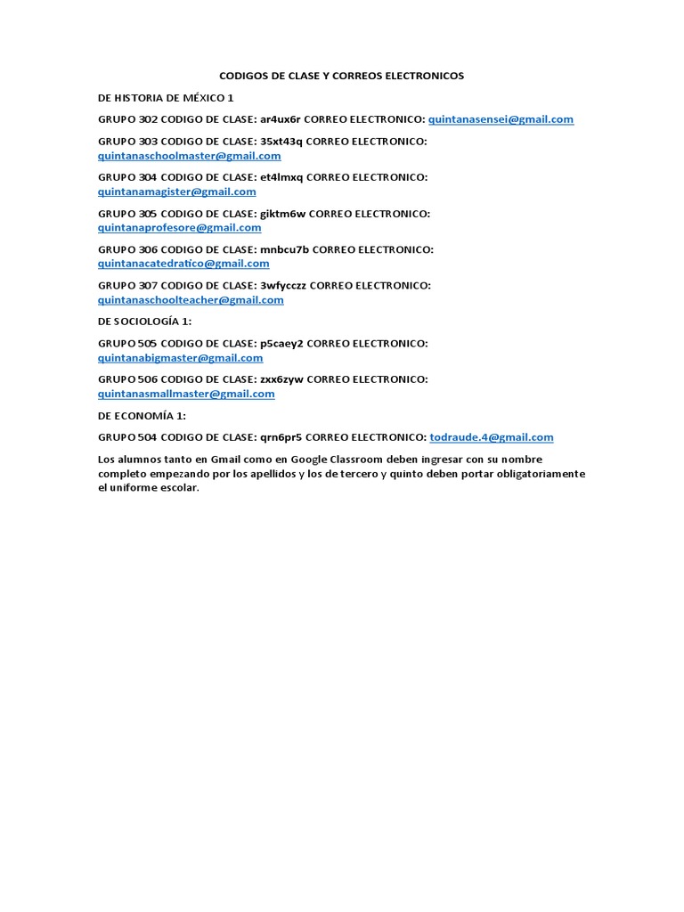 Codigos de Clase y Correos Electronicos | PDF