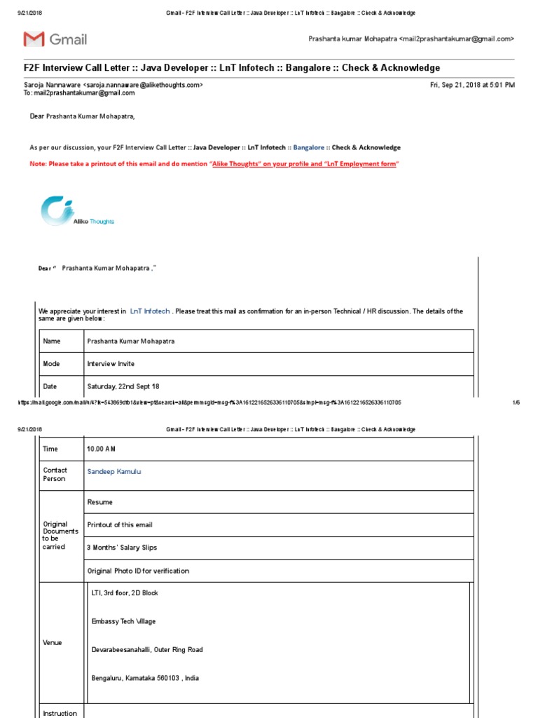 F2F Interview Call Letter:: Java Developer:: LNT Infotech:: Bangalore ...