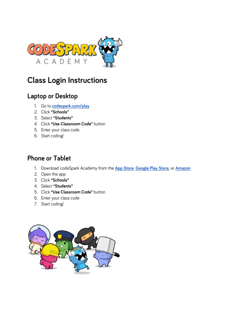 CodeSpark Academy Student Login Instructions | PDF